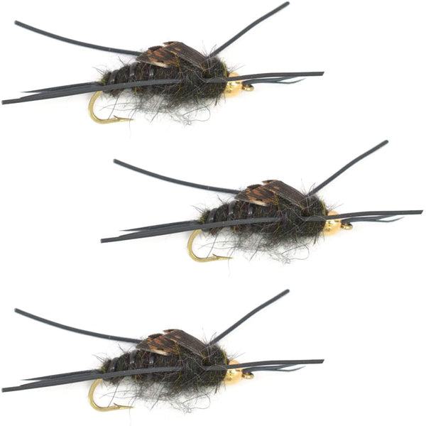 3 Pack Gold Bead Kaufmann's Black Stone Fly with Rubber Legs - Stonefl ...